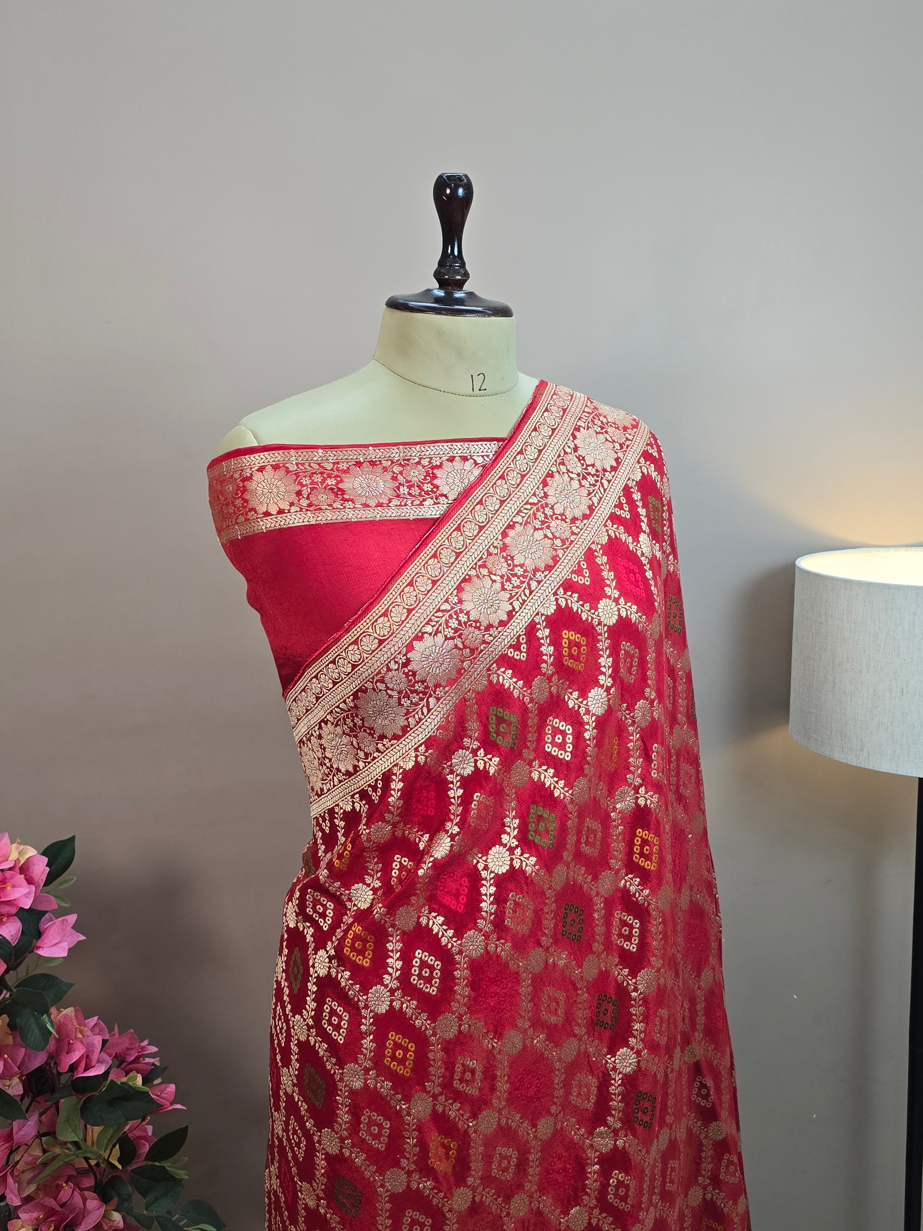 Crush Crepe Alfi Bandhej Saree – Red with Multicolour Meenakari Boota ...